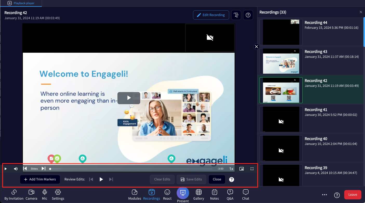 Editing Class Recordings in the Playback Room – Engageli Help Center
