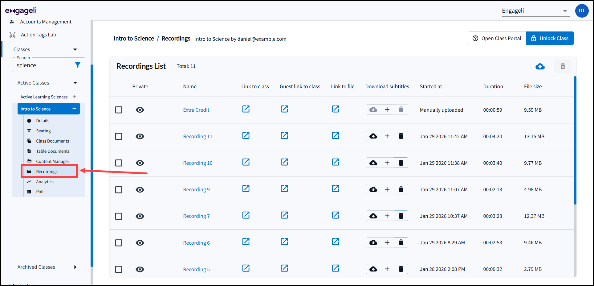Admin Portal > Classes > Recordings – Engageli Help Center