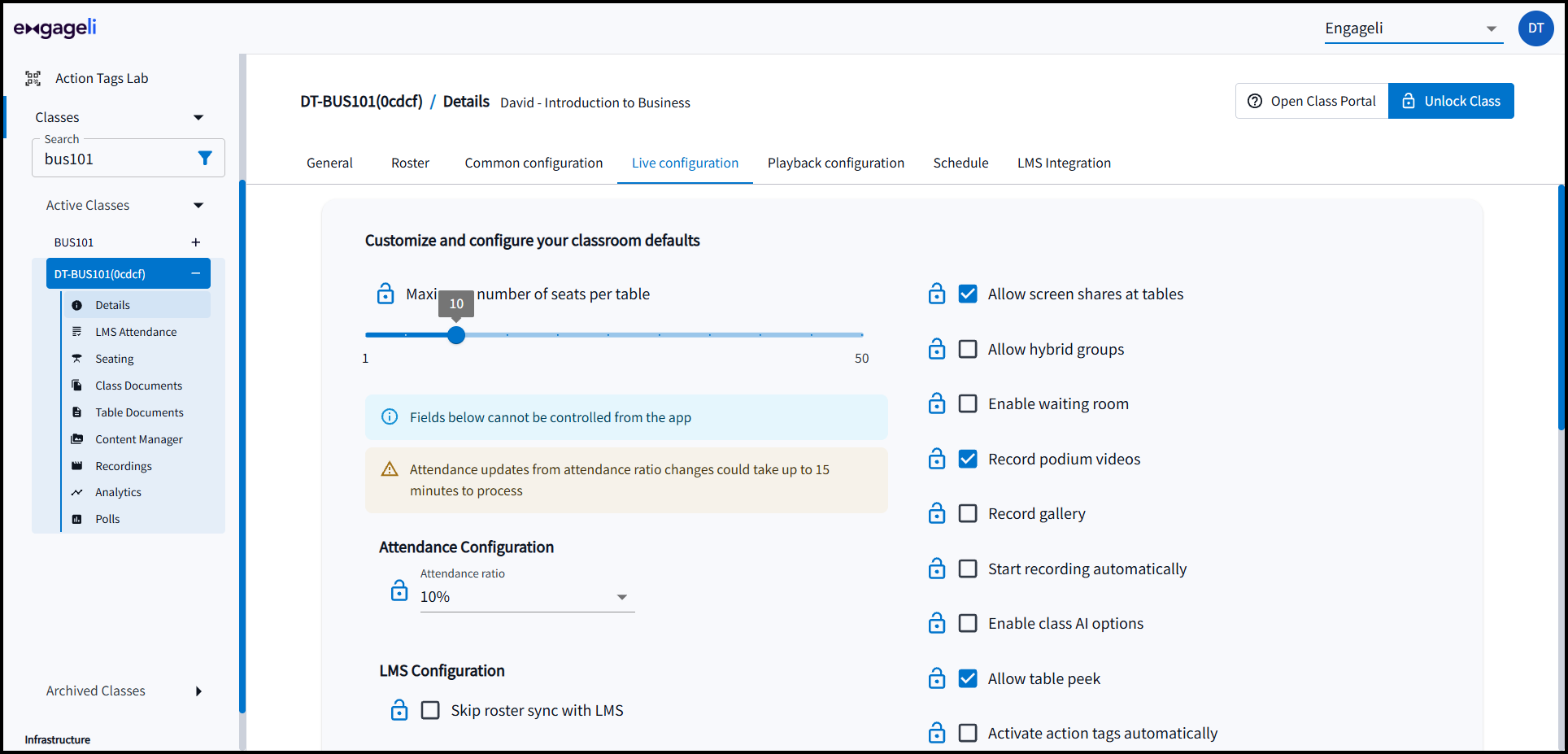 Admin Portal > Classes > Details > Live Configuration – Engageli Help Center